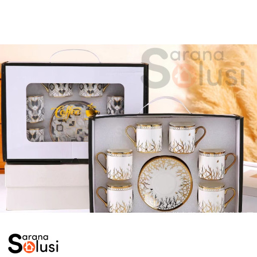 Jual Cangkir Keramik Set 6 in 1 Mewah Elegan Estetik 90 ml Gelas Kopi ...