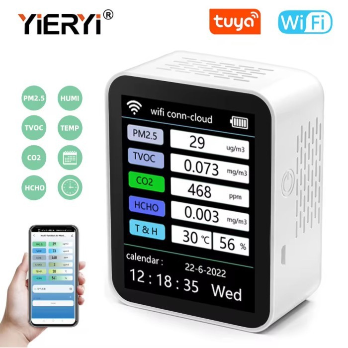 Jual Tuya Wifi Smart Indoor Air Quality Detector Monitor PM2.5 Temperature Humidity TVOC CO2 ...
