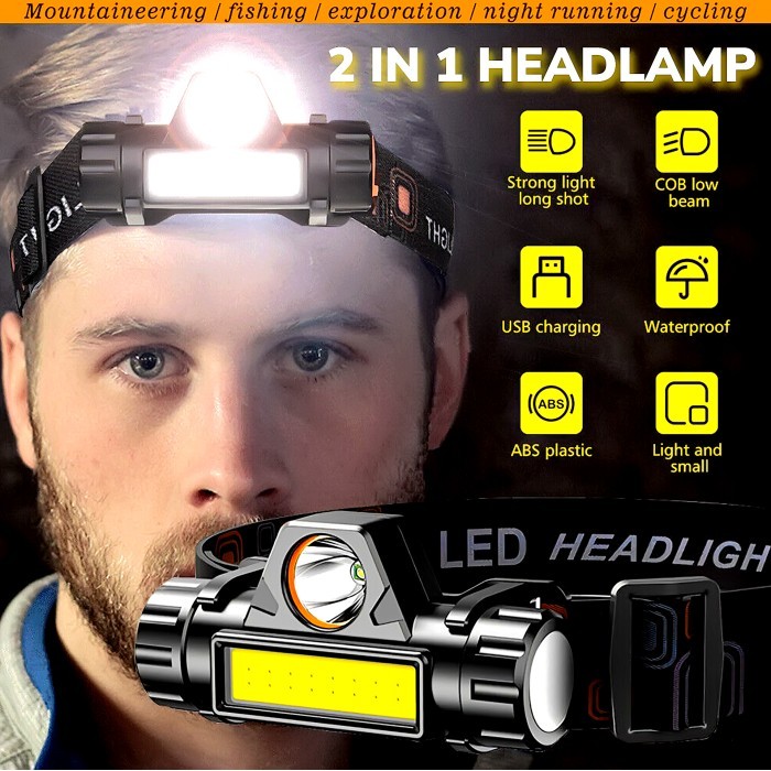 Jual 2 In 1 Senter Kepala Headlamp Mini LED COB XPE 2 Mode High Power ...