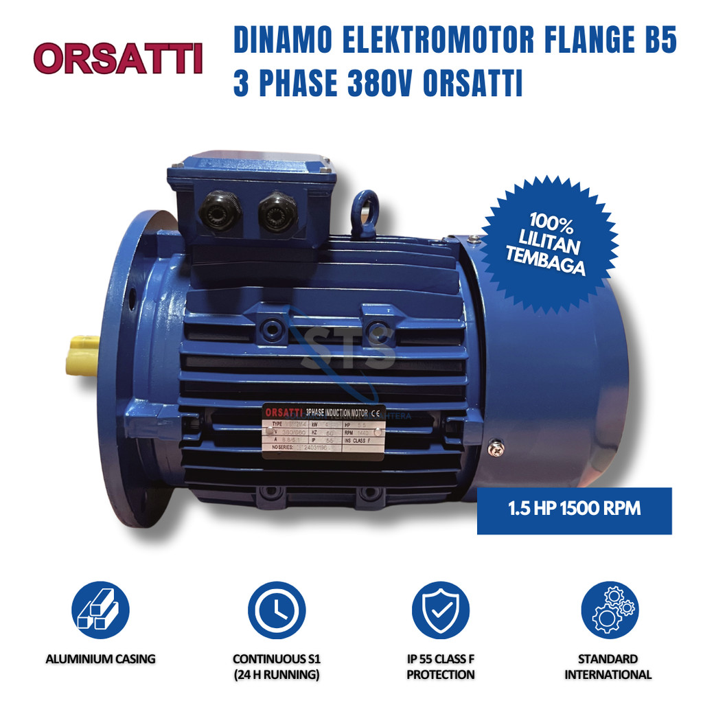 Jual STS | ORSATTI Dinamo Elektro Motor 1.5 HP 1100 Watt 1500 RPM 3 Phase 380v Flange Body ...