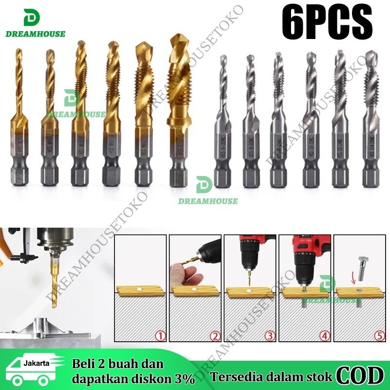 Jual Mata Bor Pembuat Drat Ulir Baut Tap Drill Bit Extractor Bits Set 6 Pcs Taper Twist Drill ...