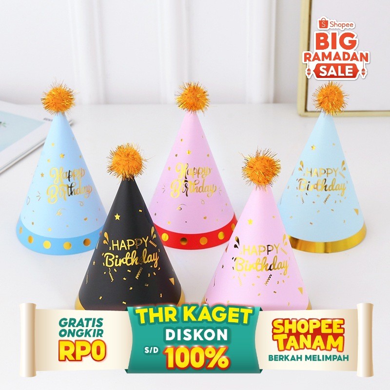 Jual aiGooTan - TOPI KERUCUT POMPOM ULANG TAHUN - Pesta Ultah Birthday ...