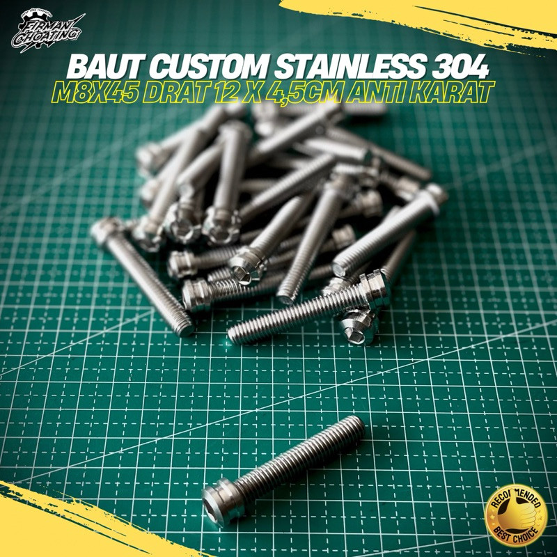 Jual BAUT CUSTOM STAINLESS 304 M8x45 DRAT 12 PANJANG 4,5CM (Harga 1 Pcs) | Shopee Indonesia