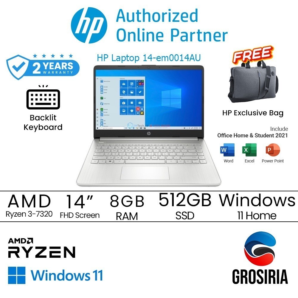 Jual HP Laptop 14-em0014AU AMD Ryzen 3-7320 / 8GB / 512GB / Win11 ...