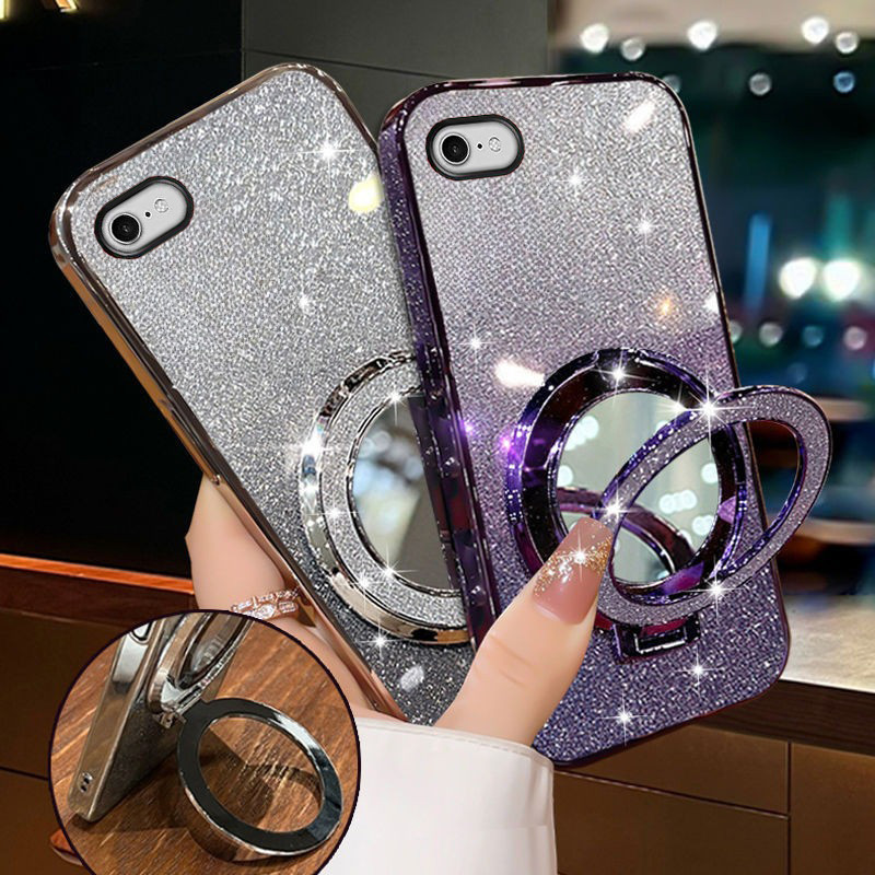 Jual For iPhone 16E Case with Makeup Mirror Holder Stand Luxury Shiny ...