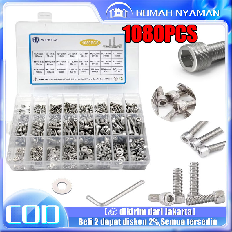 Jual 1080PCS Mur dan Baut Set 304 Stainless Steel M2 M3 M4 Kepala Datar ...