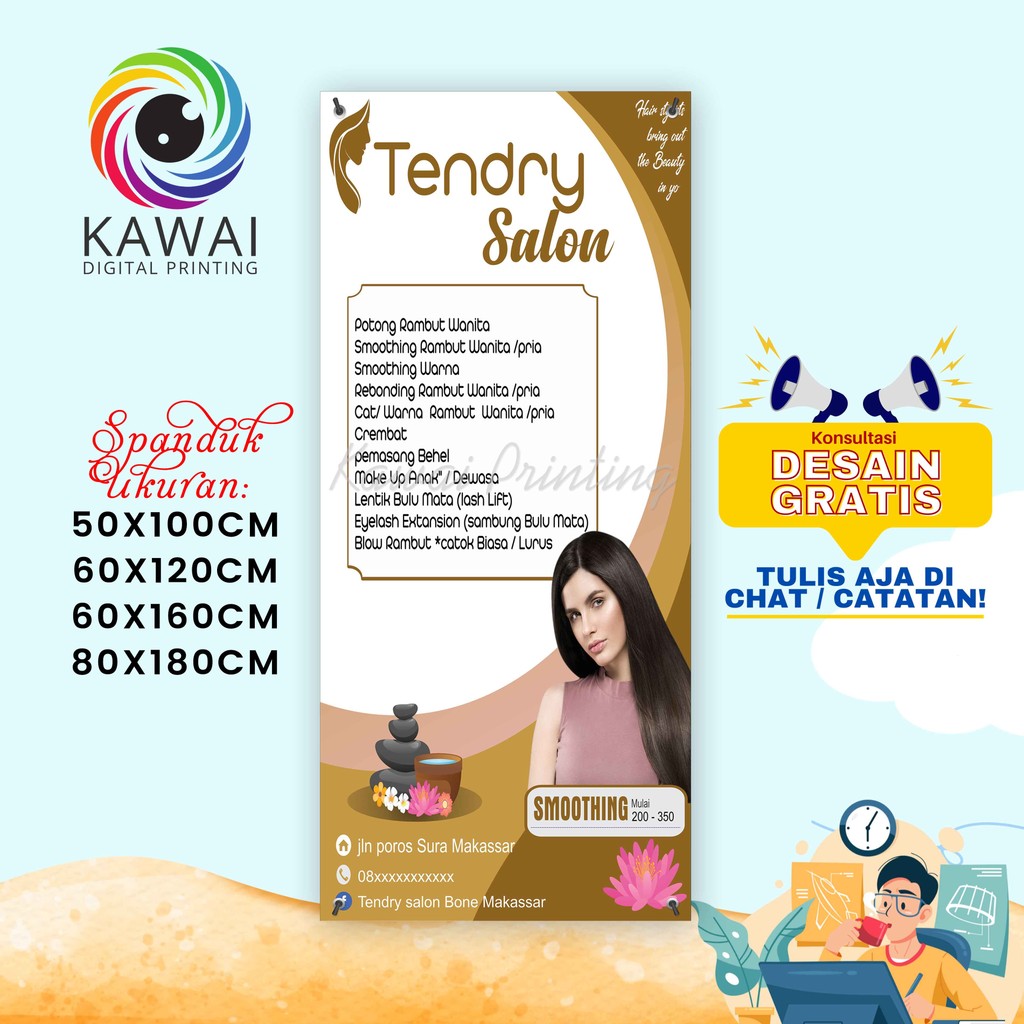 Jual SPANDUK / BANNER Desain Salon Kecantikan Putih Coklat 60x160 CM ...
