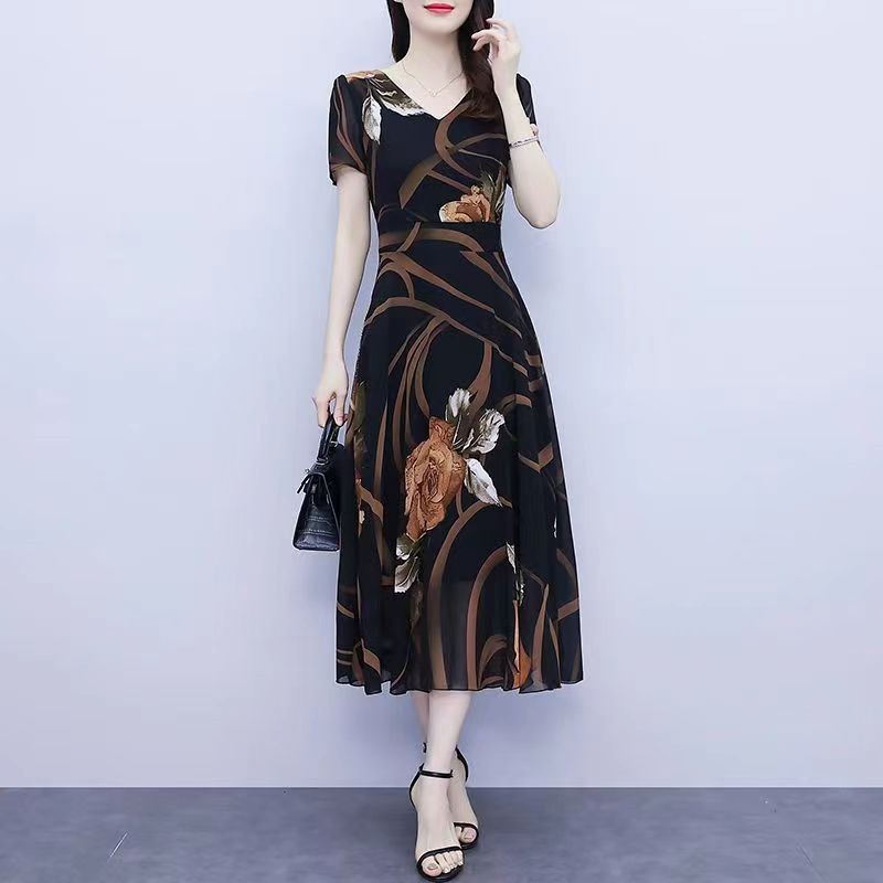 Jual FAN 2024 Gaun Sifon Hitam Cetak Sifon Korea Baru Gaun Ukuran Besar ...