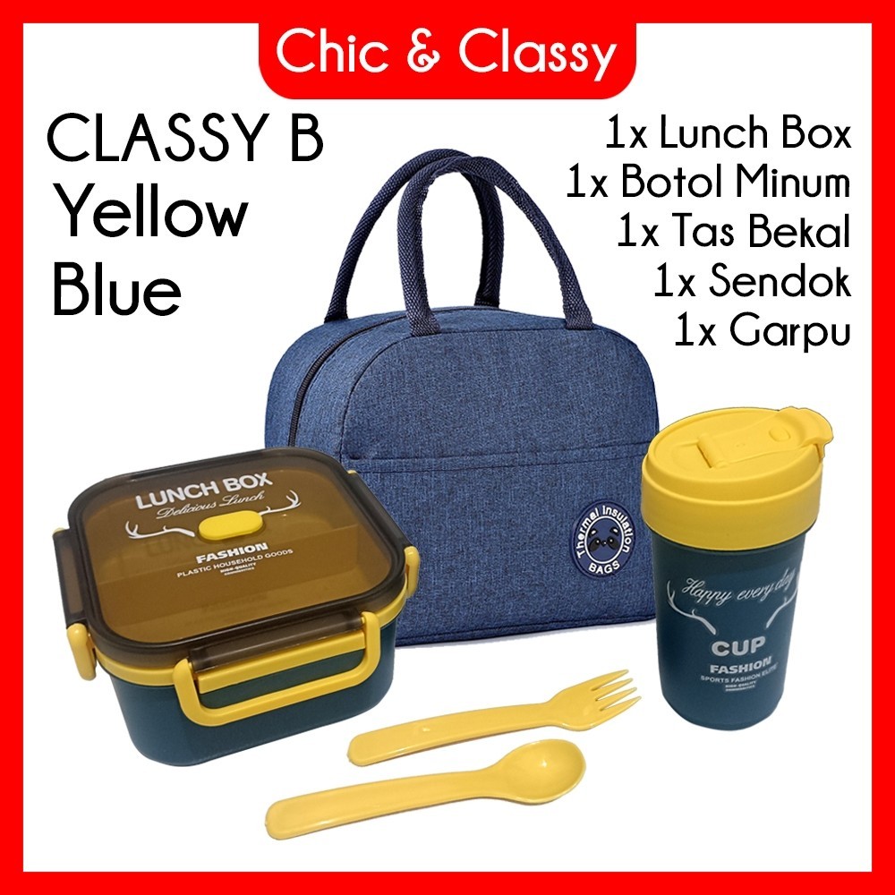 Jual CLASSY B || Lunch Box Set Kotak Makan Tas Bekal Botol Minum Sendok Garpu | Shopee Indonesia