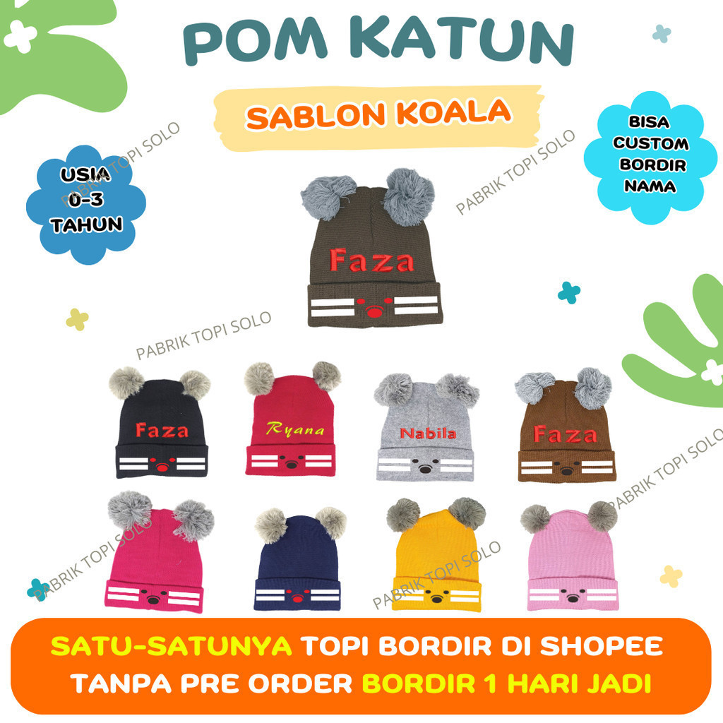 Jual Kupluk Pom-pom Sablon Koala Bisa Custom Bordir Nama 1 Hari Jadi ...