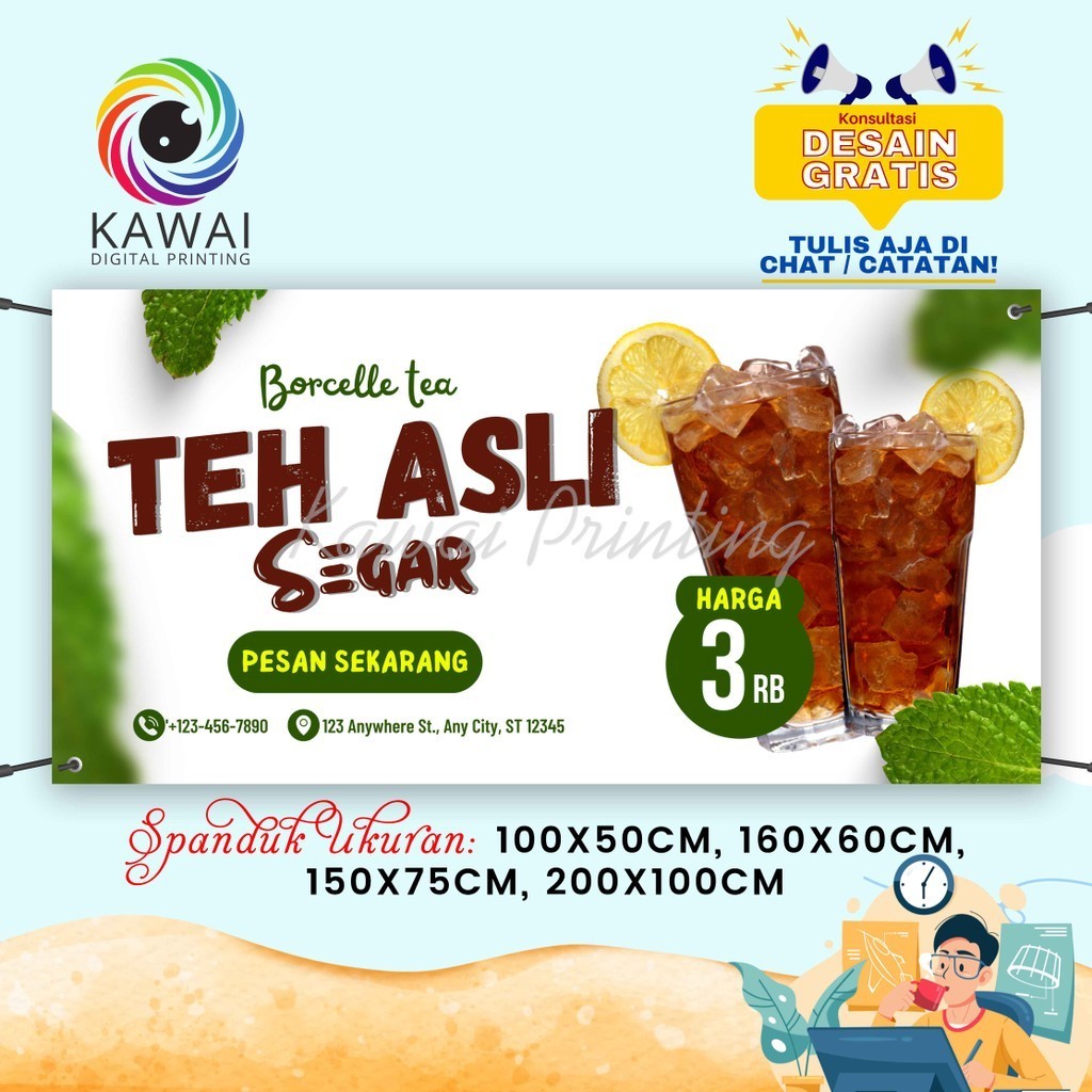 Jual Spanduk Banner MMT Jualan Es Teh Segar Putih Hijau Bisa Rekuest ...
