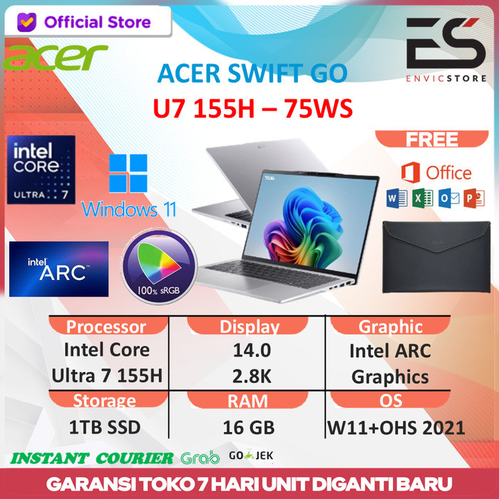 Jual Acer Swift Go 14 AI SFG14 Ultra 7 155H 16GB 1TB W11+OHS 14" 2.8K ...