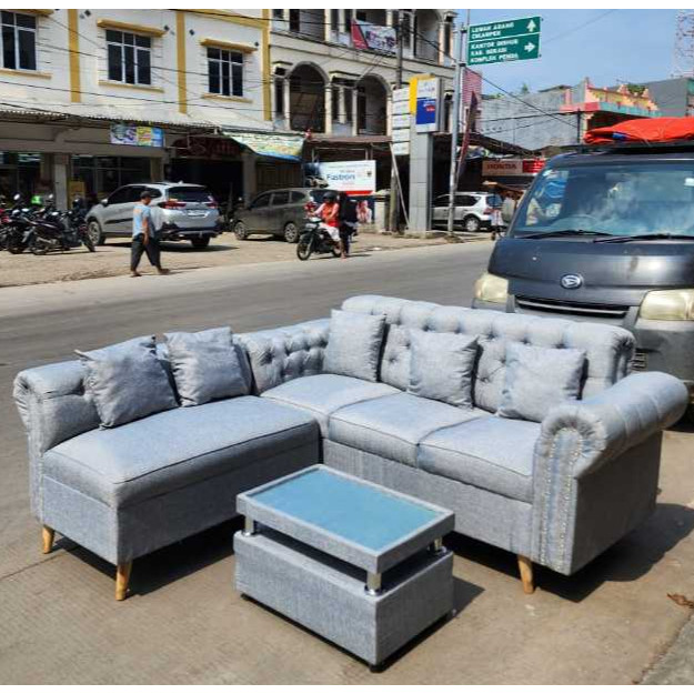 Jual Sofa L Putus Kancing Kaki Kayu Kain Kanvas / Sofa L Minimalis ...