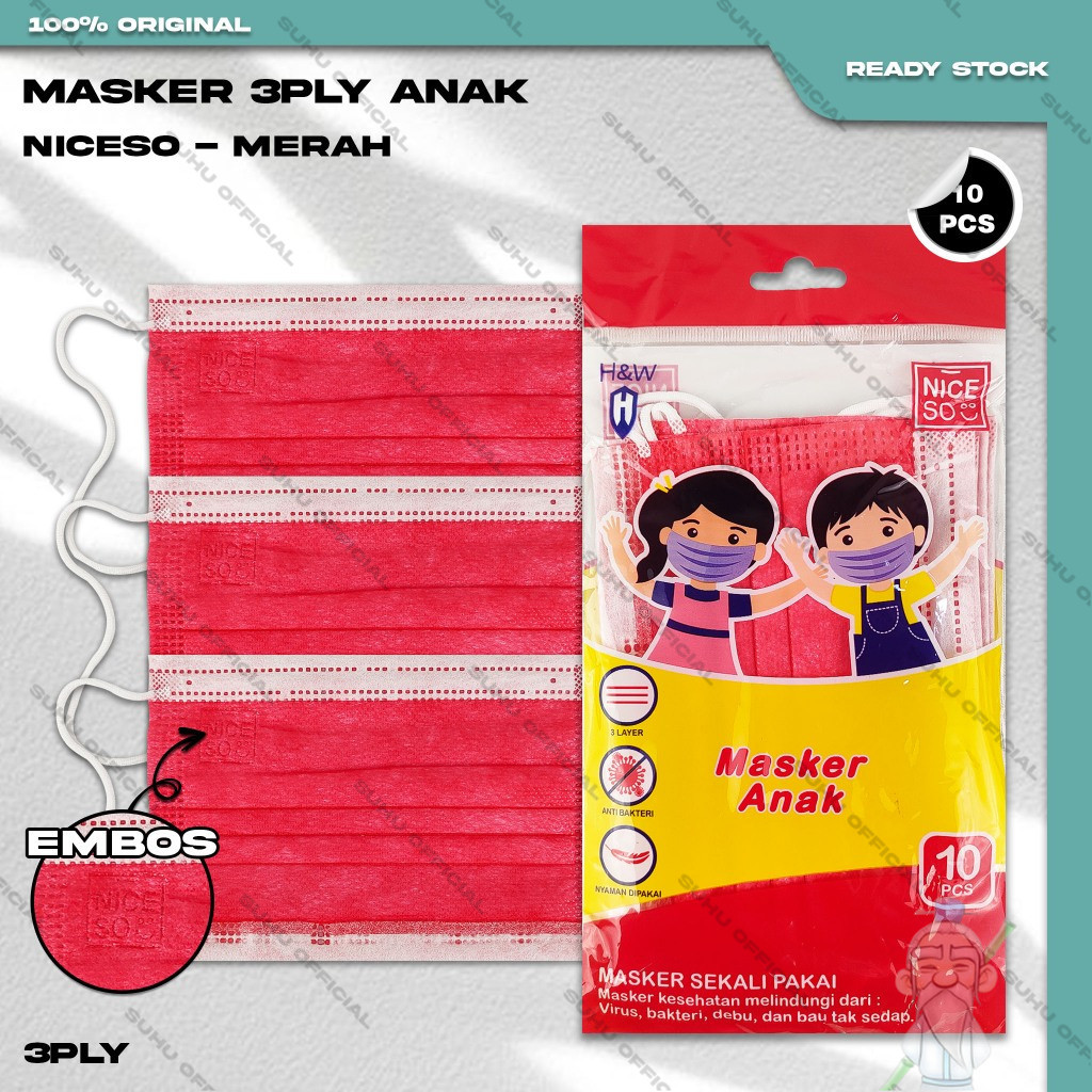 Jual Masker Anak Medis 3Ply NICESO Isi 10Pcs Warna Merah Red 3 Ply ...