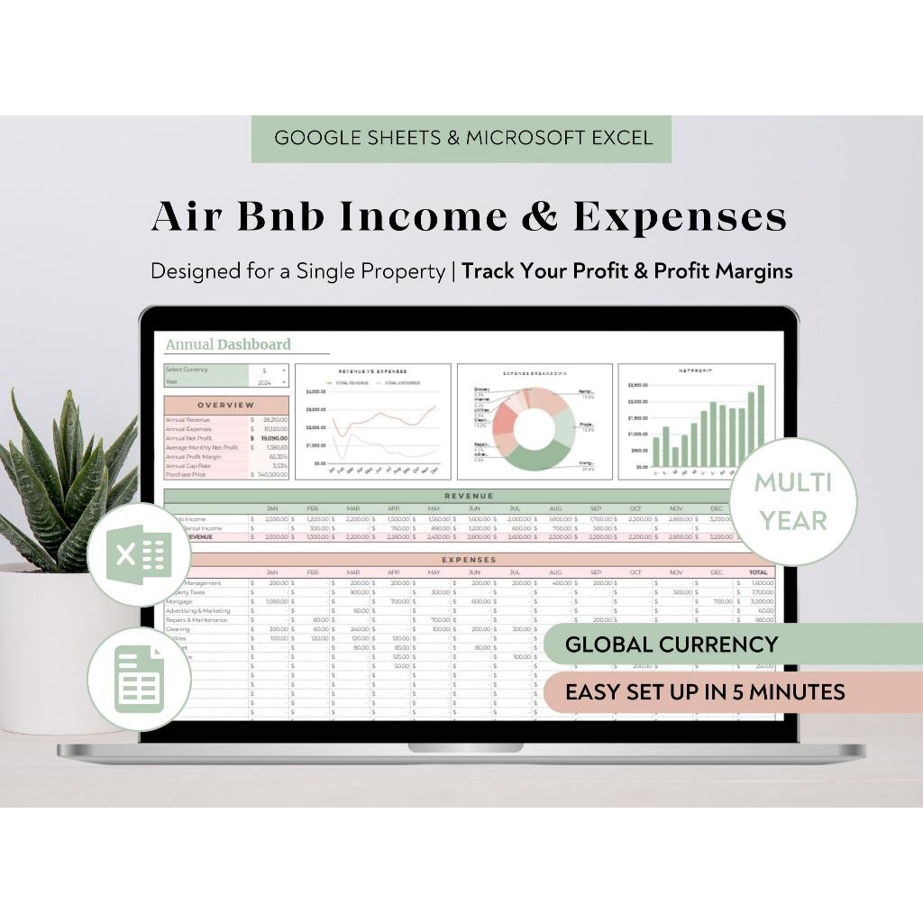 Jual Airbnb Income & Expense Google Spreadsheet Excel Rental Property Bookkeeping Profit Loss ...