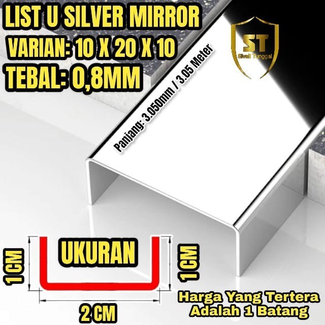 Jual LIST U MIRROR SILVER 10X20X10X3.050MM T. 0.8MM STAINLESS 201 ...
