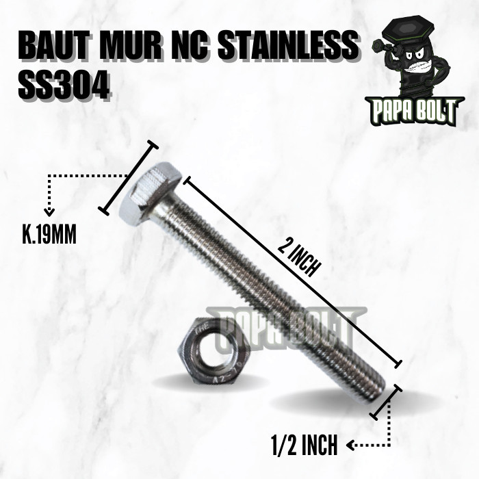 Jual Baut Mur Hexagon Stainless Steel 304 1/2" x 2" Kunci 19 Drat Kasar ...