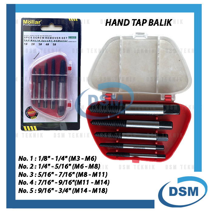 Jual MOLLAR HAND TAP BALIK SET 5 PCS SCREW EXTRACTOR BUKA BAUT RUSAK ...