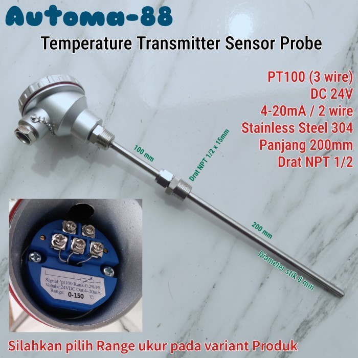 Jual MN08 Temperature Transmitter + Sensor PT100 4-20mA 24V NPT 1/2 ...