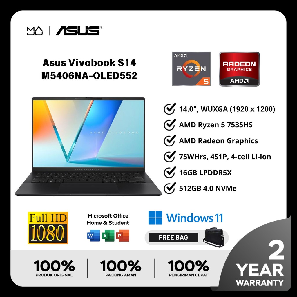 Jual Laptop Asus VivoBook S14 M5406NA OLED552 R5 7535HS 16GB/512GB SSD ...