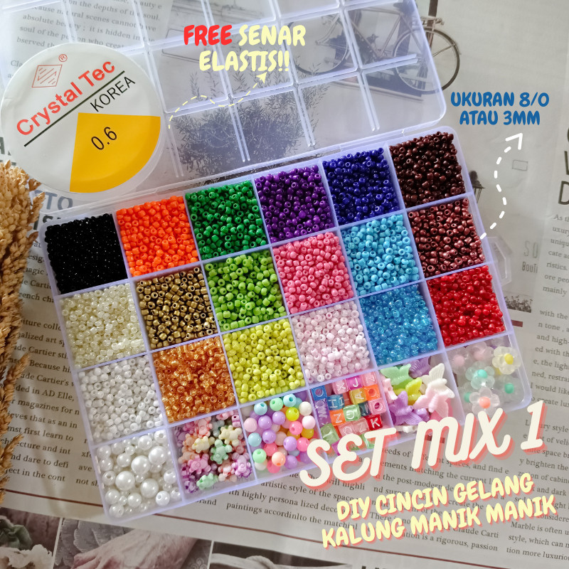 Jual Manik shop Set Manik Manik Box set Aesthetic Lengkap FREE SENAR | Meronce Manik manik 3mm 8 ...