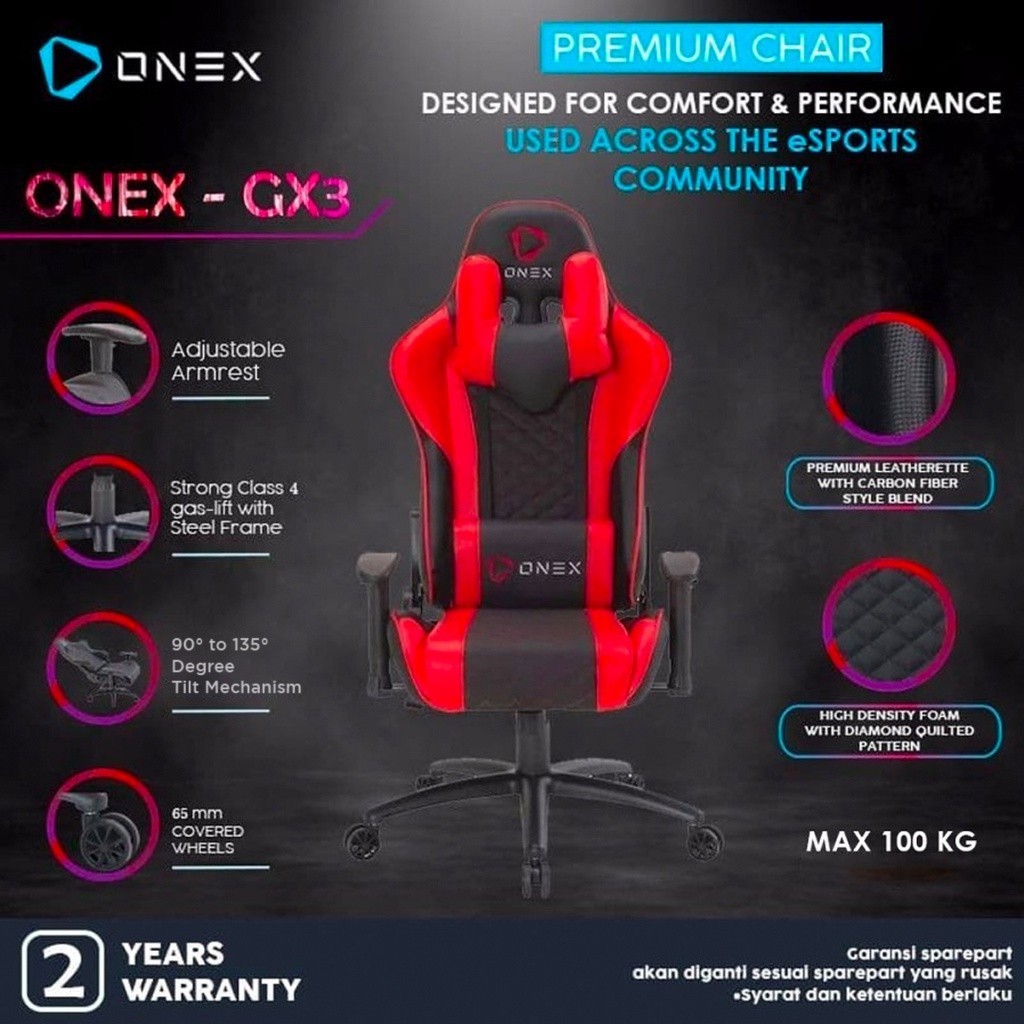 Jual ONEX GX3 Premium Quality Gaming Chair Kursi - Merah | Shopee Indonesia