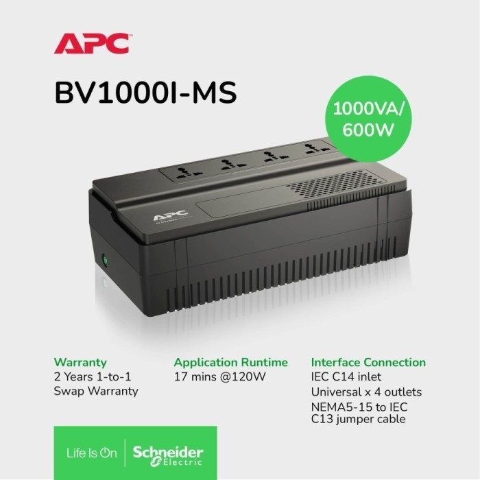 Jual EASY UPS APC SCHNEIDER ELECTRIC BV 1000VA AVR UNIVERSAL OUTLET 230V - BV1000I-MS | Shopee ...