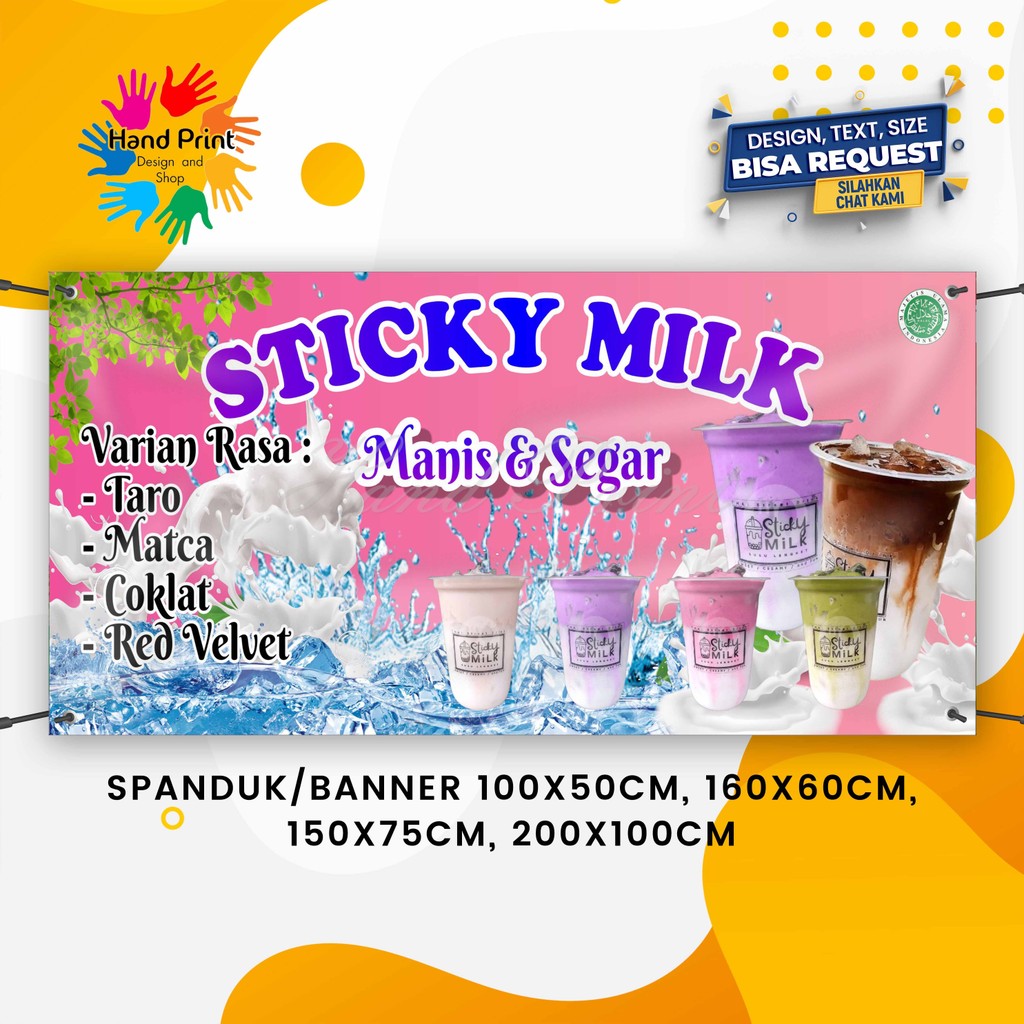 Jual Cetak Spanduk Banner Jualan Es Sticky Milk Pink MMT Spanduk Custom ...
