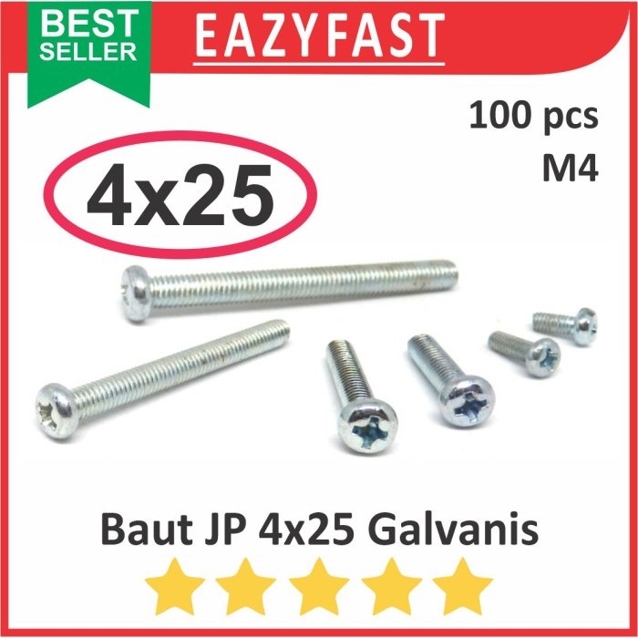 Jual Baut JP M4 25mm 4x25 4 x 25 mm M4x25 Galvanis Putih Phillips Screw Drat Halus Pack isi 100 ...