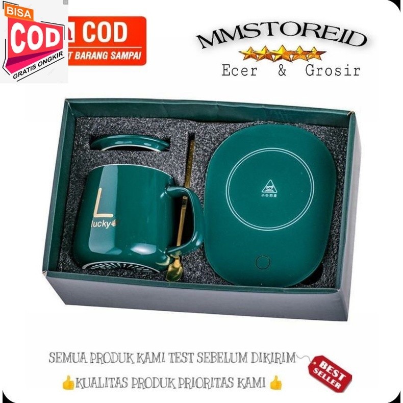 Jual MM - Mug gelas keramik huruf inisial lucky + penghangat listrik ...