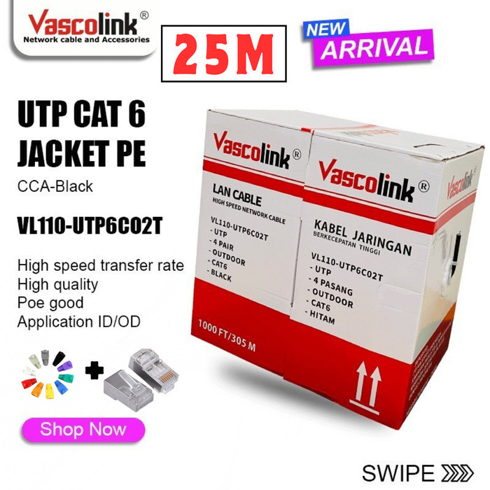 Jual Vascolink Kabel LAN 25 METER UTP Outdoor CAT 6 / CAT6 (Black ...