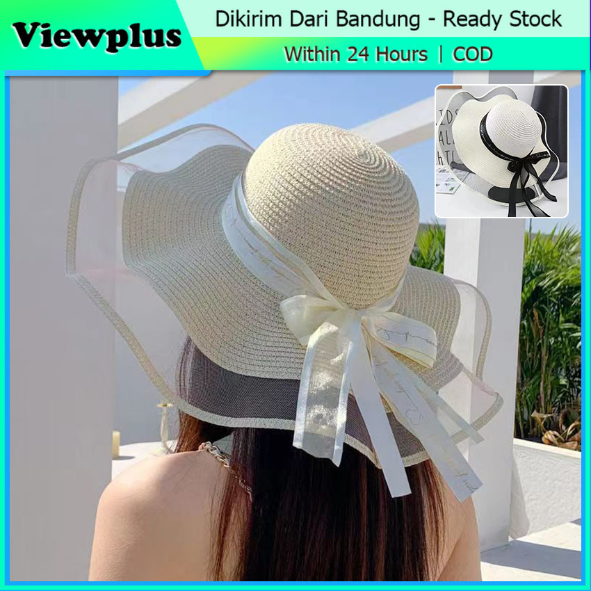Jual Topi Pantai Wanita Korean Style Lebar Gelombang Pita Simpul Silly Pelindung UV Topi Pantai ...