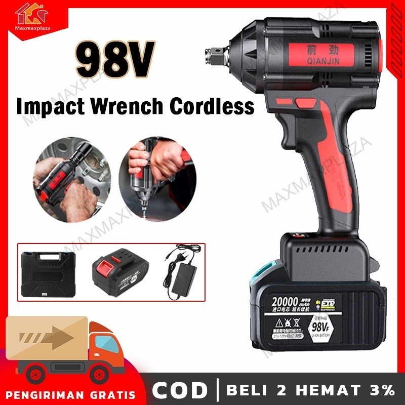 Jual Mesin Cordless Impact Wrench 98v, Pembuka Baut Fullset Aksesoris Wrench Brushless Bor ...