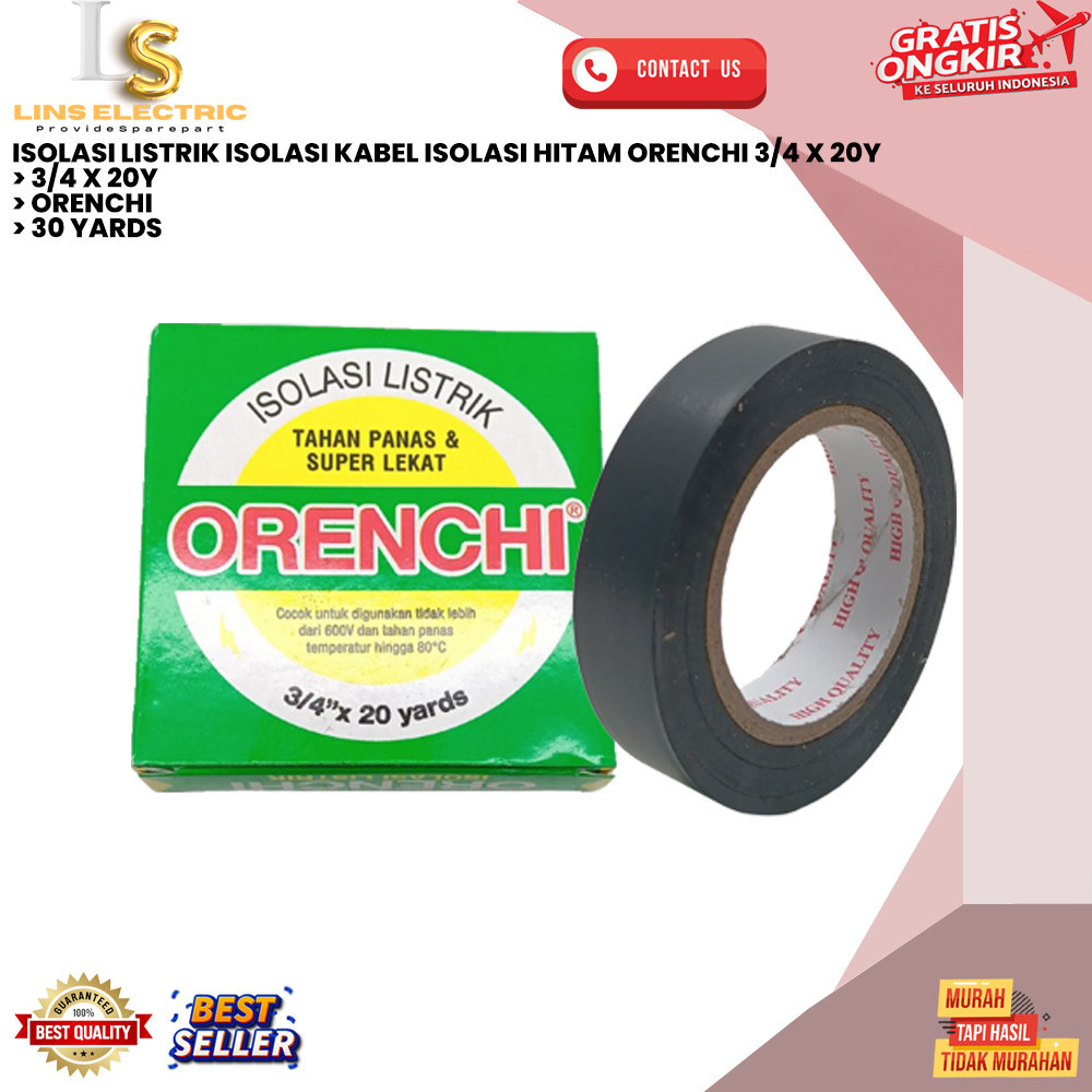 Jual ISOLASI LISTRIK ISOLASI KABEL ISOLASI HITAM ORENCHI 3/4 X 20Y LINS ...