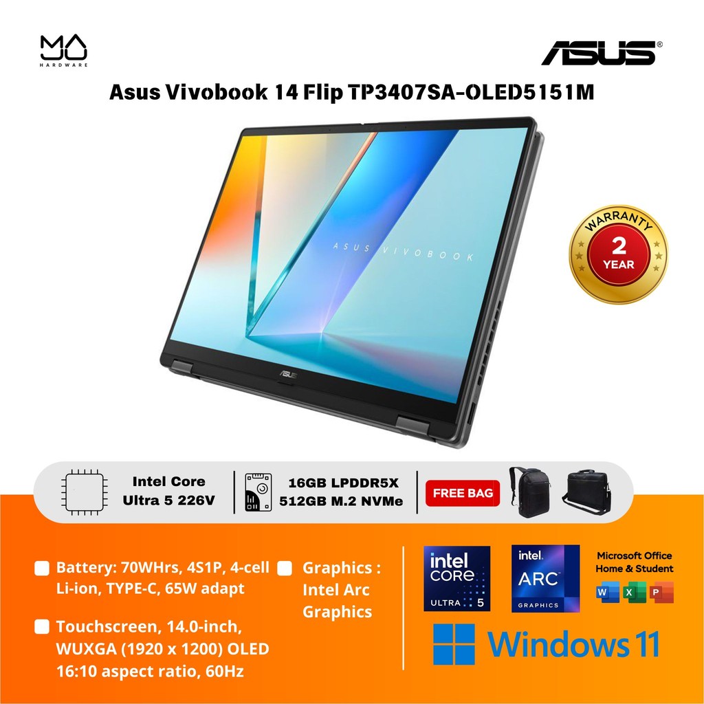 Jual Laptop Asus Vivobook 14 Flip TP3407SA-OLED5151M Ultra 5 226V 16GB ...
