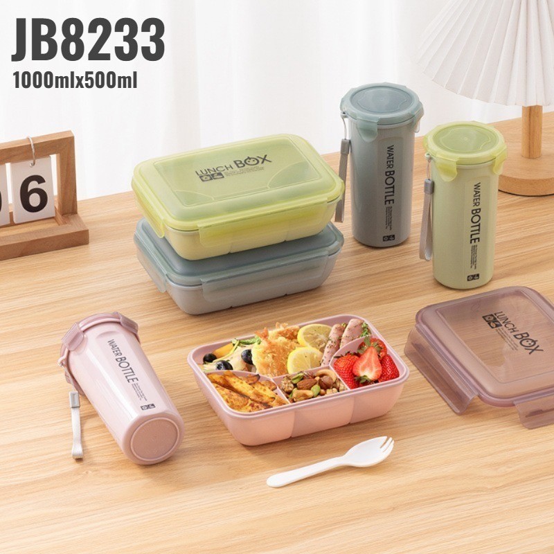 Jual JBOX JB8233 Kotak Makan 1000ml 4 Sekat + Botol Minum Set 500ml Free Sendok dan Garpu ...