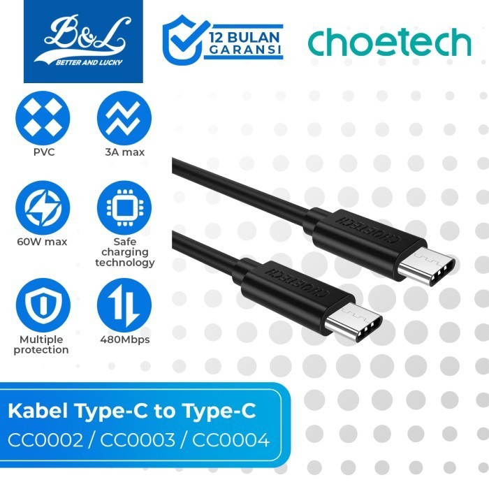 Jual CHOETECH CC0002-3-4 Kabel Data Type-C to Type-C PD 60W Black PVC ...