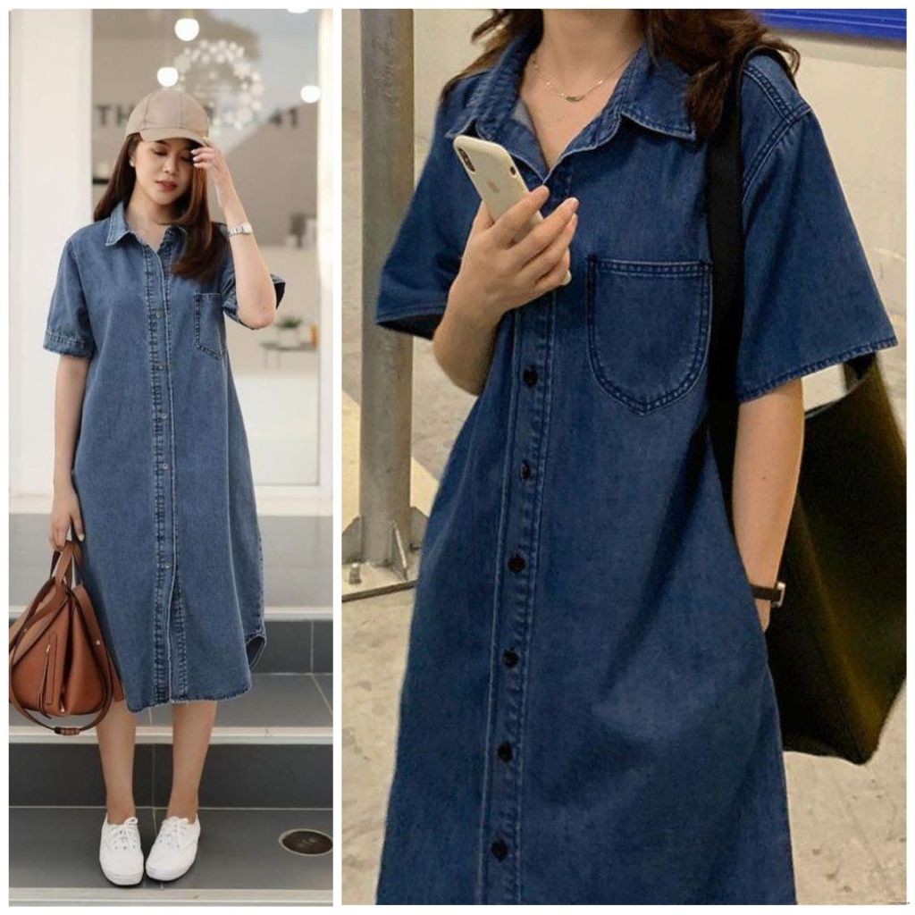 Jual OOTD x DENIM SHIRT - BUTTON LONG DRESS LENGAN PENDEK / DRESS DENIM ...