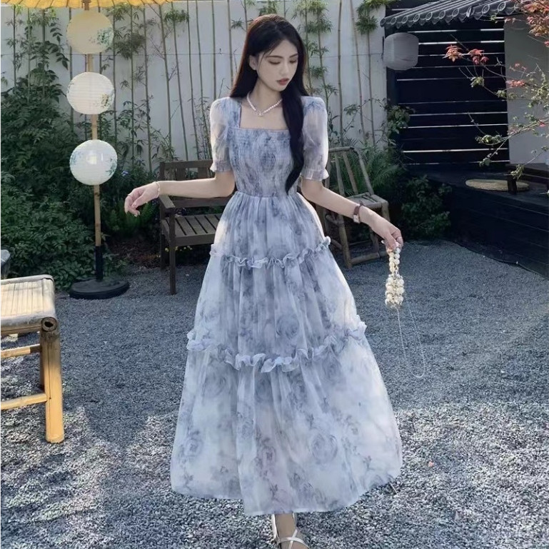 Jual FAN Gaun bermotif bunga leher persegi retro baru/midi dress korea ...