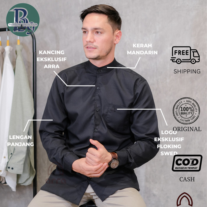 Jual Baju Koko Pria Hitam Slim Fit Kerah Chiang i | Kemko Lebaran 2024 | Shopee Indonesia