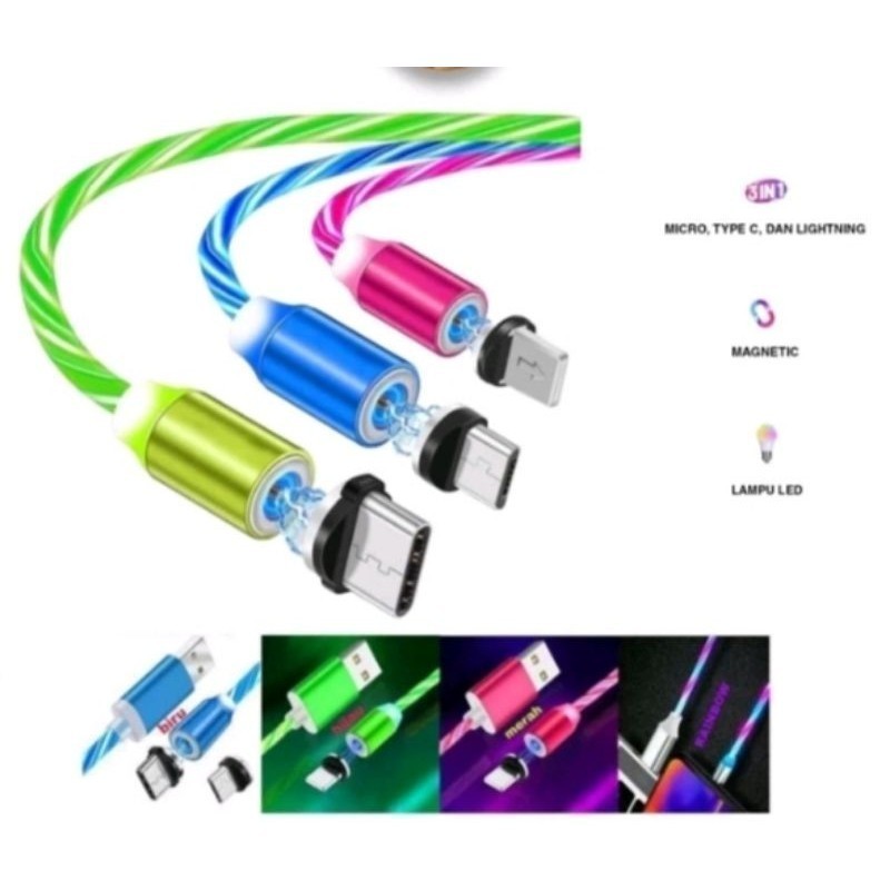 Jual Kabel Magnetic LED Usb 3 in 1 Type C / Micro Android / Lightning ...