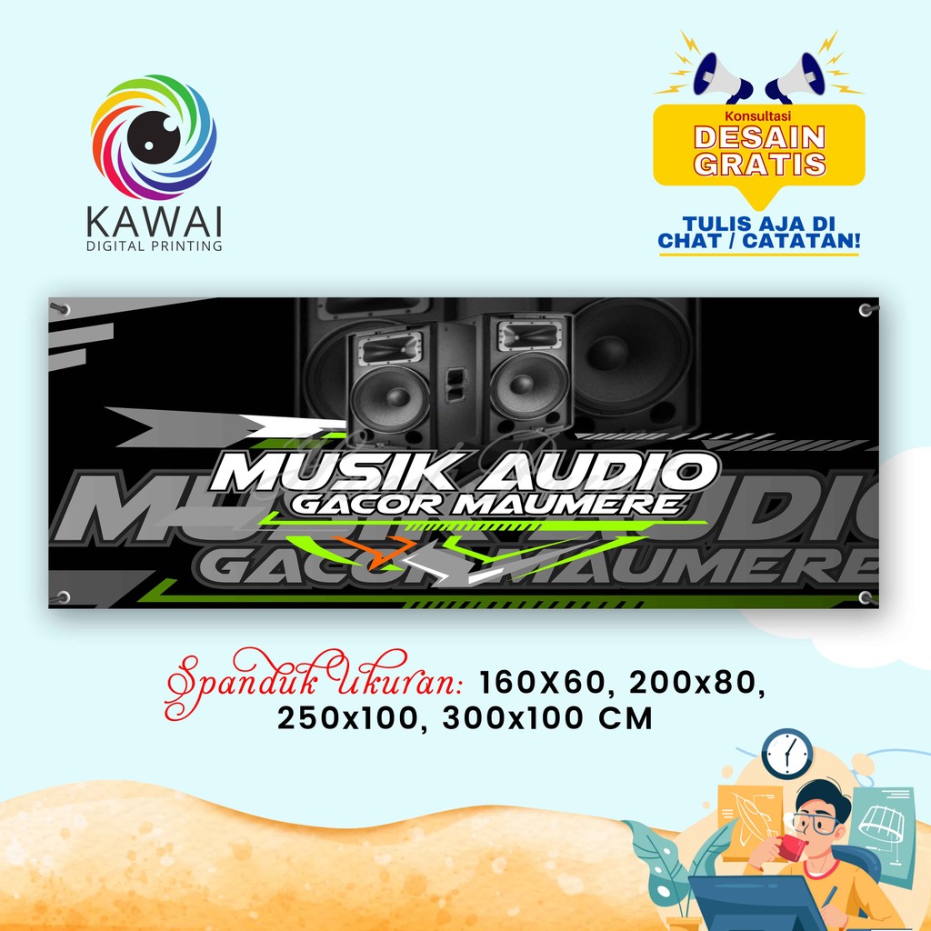 Jual SPANDUK BANNER Musik Audio Abu Hijau Muda Ukuran 300x100 CM ...