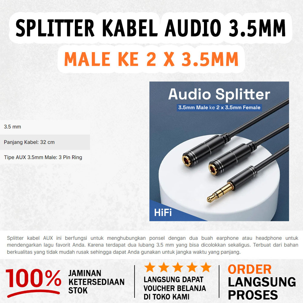 Jual Kabel Audio | AUX 3.5mm Male ke 2 x 3.5mm Female HiFi | Shopee Indonesia