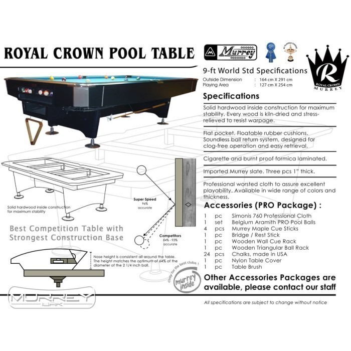 Jual JT24 MURREY ROYAL CROWN 9 FT POOL TABLE - MEJA BILIARD BILIAR 9 ...