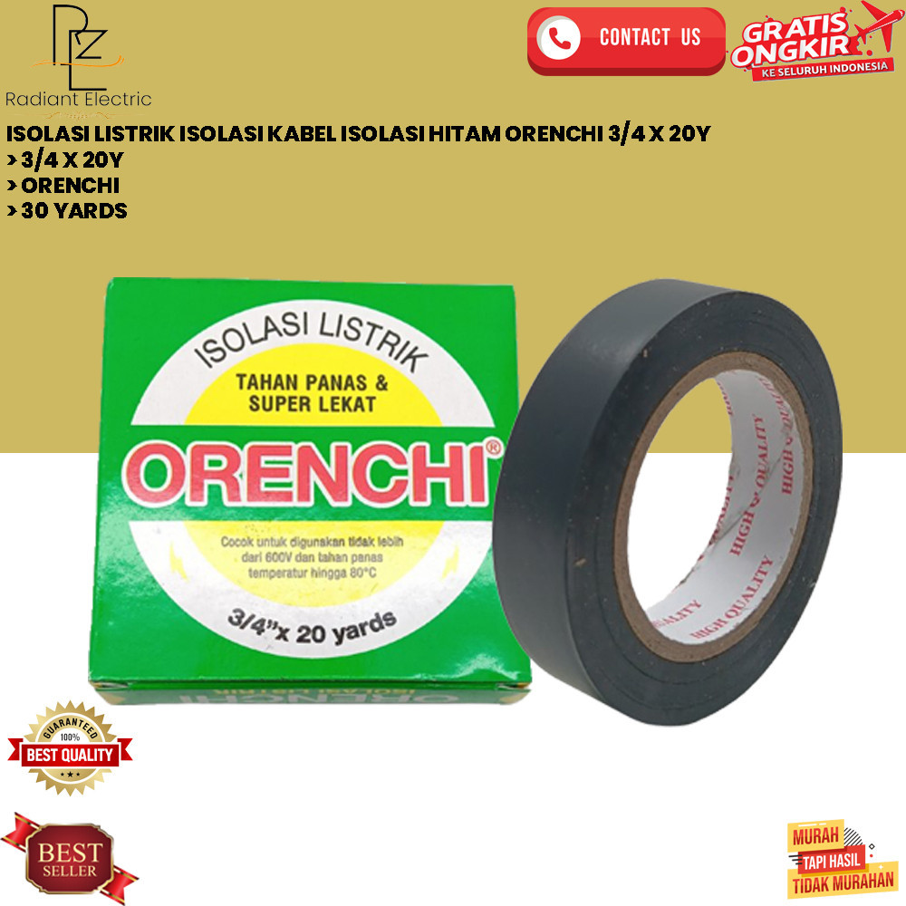 Jual ISOLASI LISTRIK ISOLASI KABEL ISOLASI HITAM ORENCHI 3/4 X 20Y [RE ...