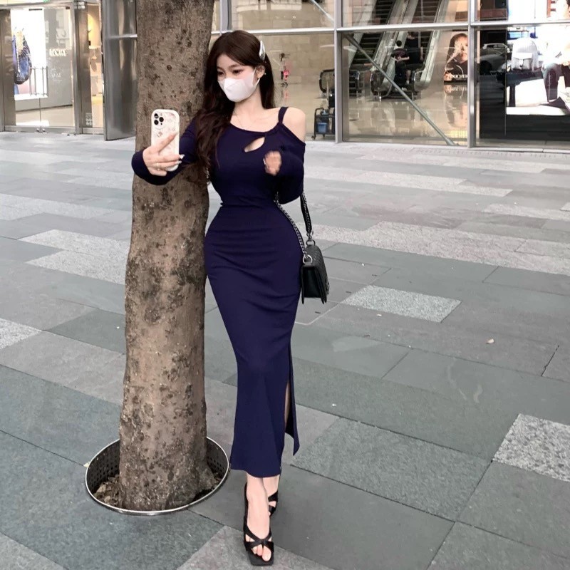 Jual EMITA BLOOM long dress press body korean style biru terusan wanita kekinian casual lebaran ...