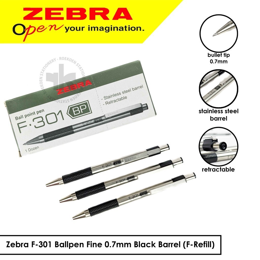 Jual Zebra F-301 Ballpen Fine 0.7mm Black Barrel (F-Refill) | Shopee ...