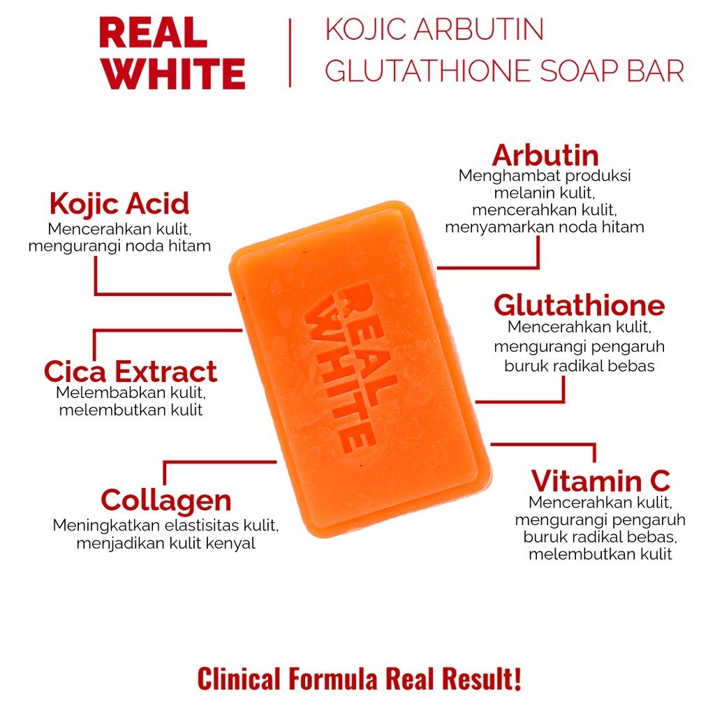 Jual REAL WHITE Sabun Pemutih Kojic Acid Arbutin Glutathione Brightening Soap Bar Untuk Wajah ...