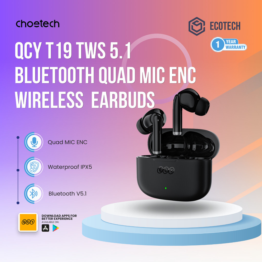 Jual QCY T19 TWS 5.1 Bluetooth Quad mic ENC Wireless Earbuds | Shopee Indonesia