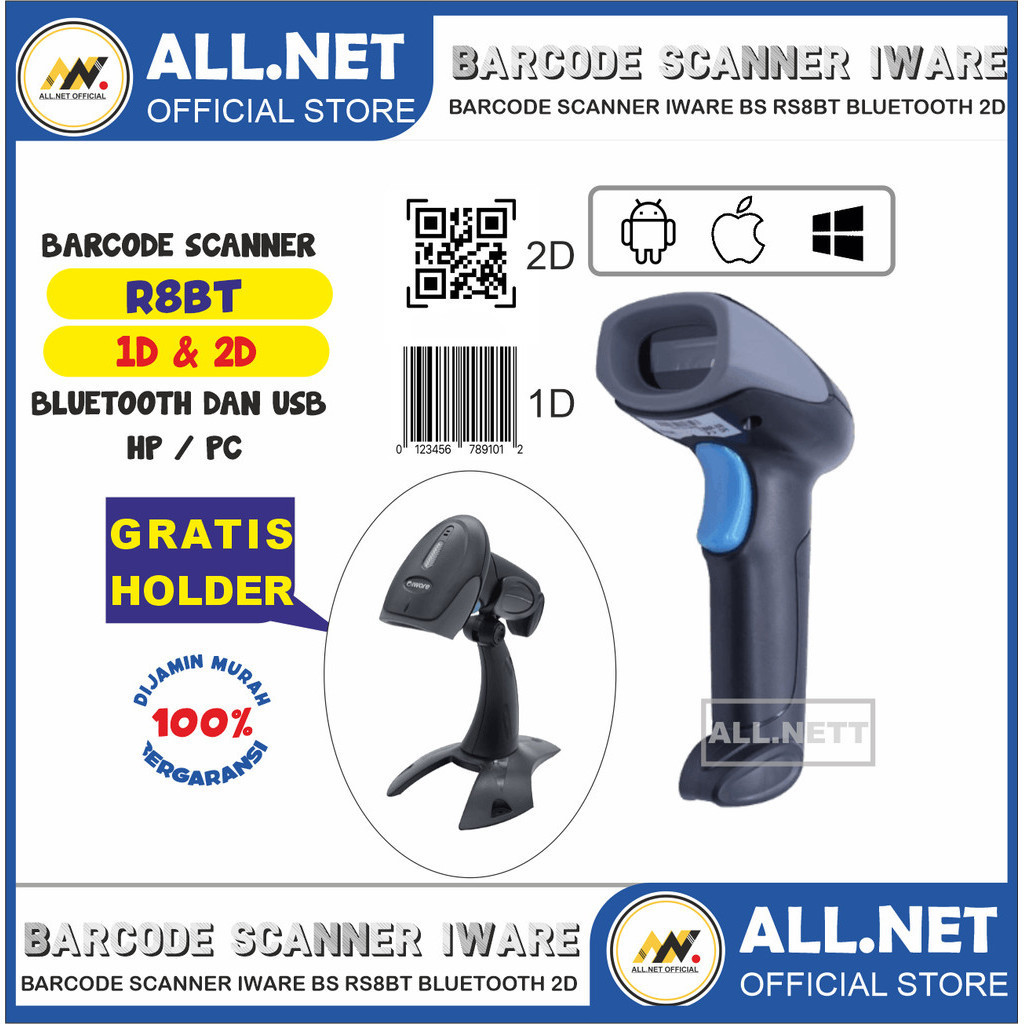 Jual IWARE SCANNER BARCODE BLUETOOTH WIRELESS 2D IWARE R8BT WITH STAND ...